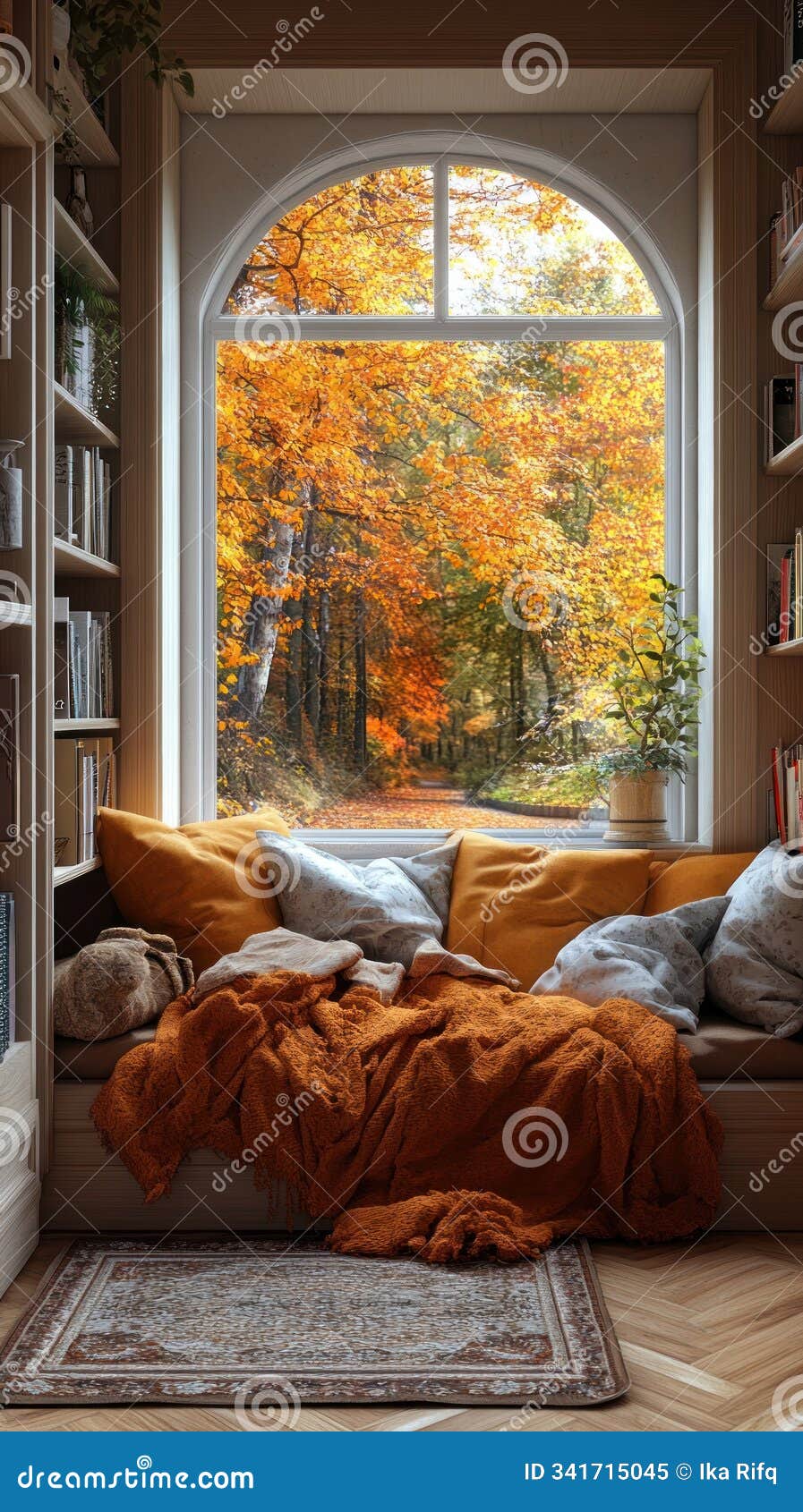 Cozy Reading Nook with Autumnal View - 3D Illustration Stock ...