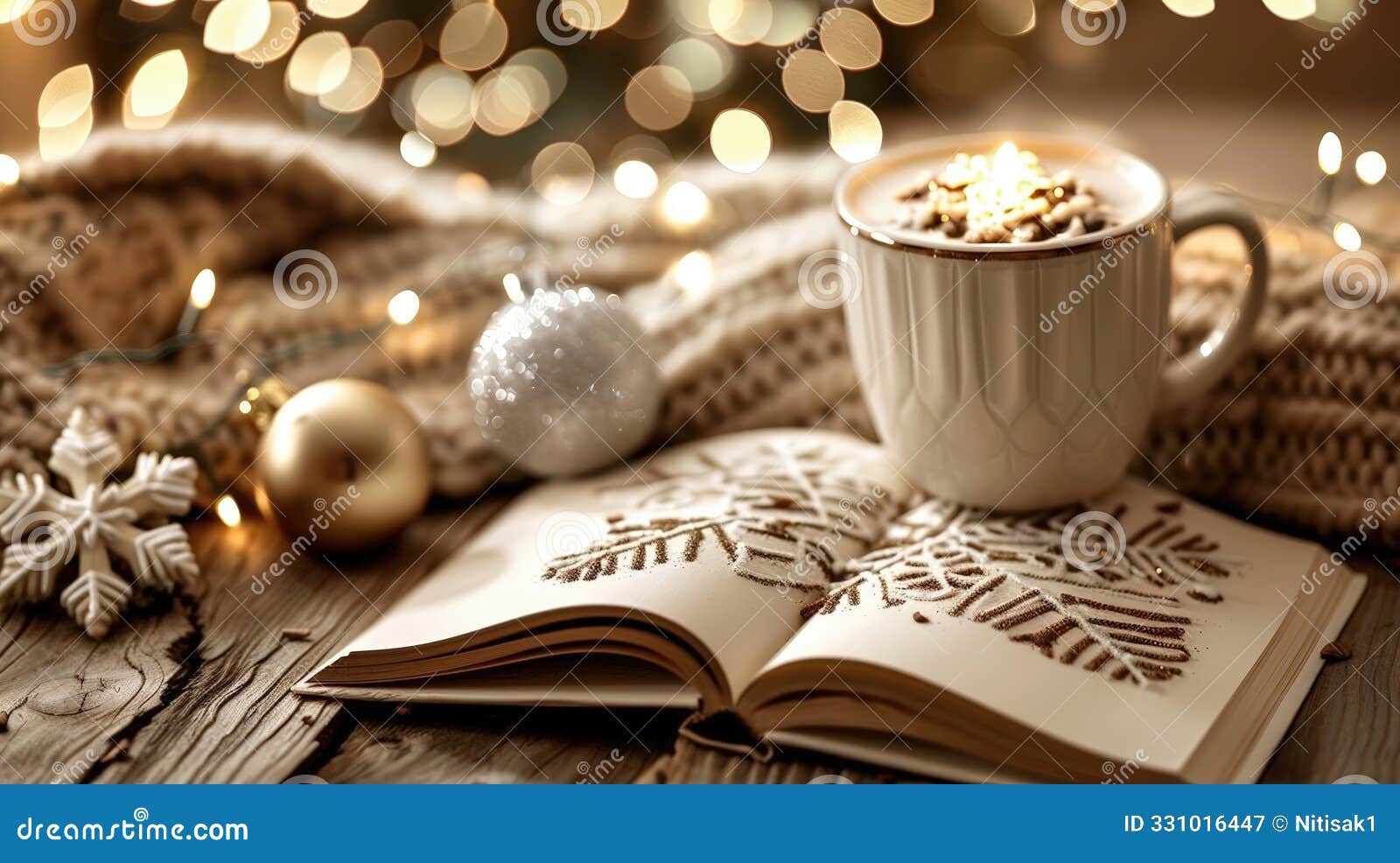 A Cozy Reading Nook with a Christmas Book and Hot Cocoa Stock ...