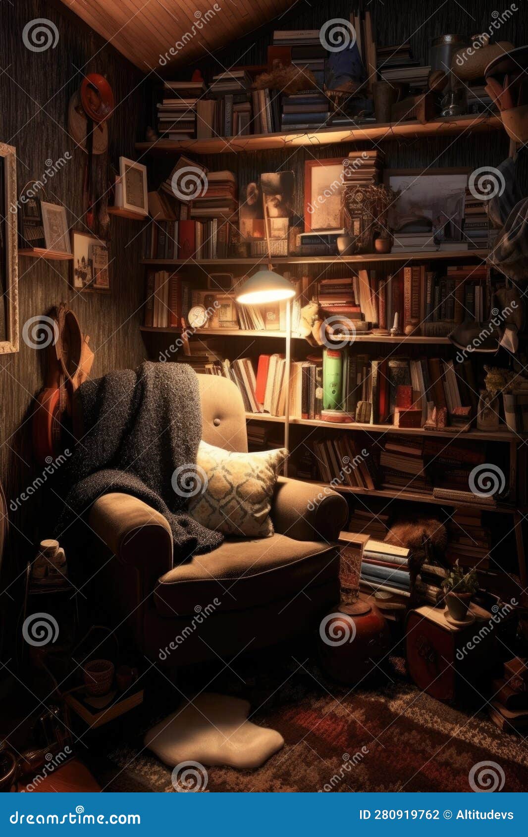 Cozy Reading Nook with a Comfortable Chair and Bookshelf Stock ...