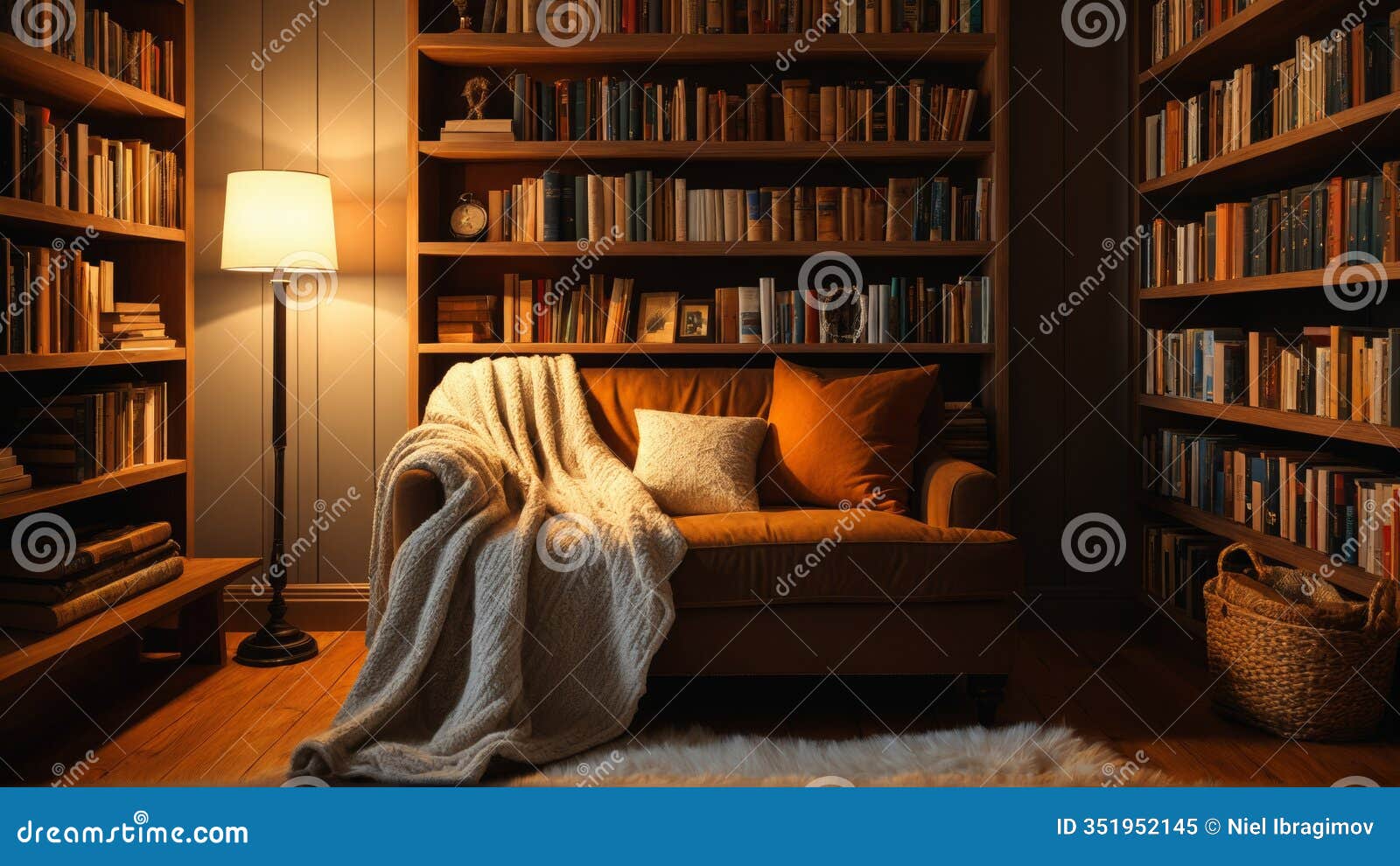 Cozy Reading Nook with Comfy Sofa and Warm Lighting in a Book-filled ...