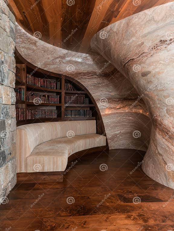 A Cozy Reading Nook with a Curved Bookshelf and a Comfortable Bench ...