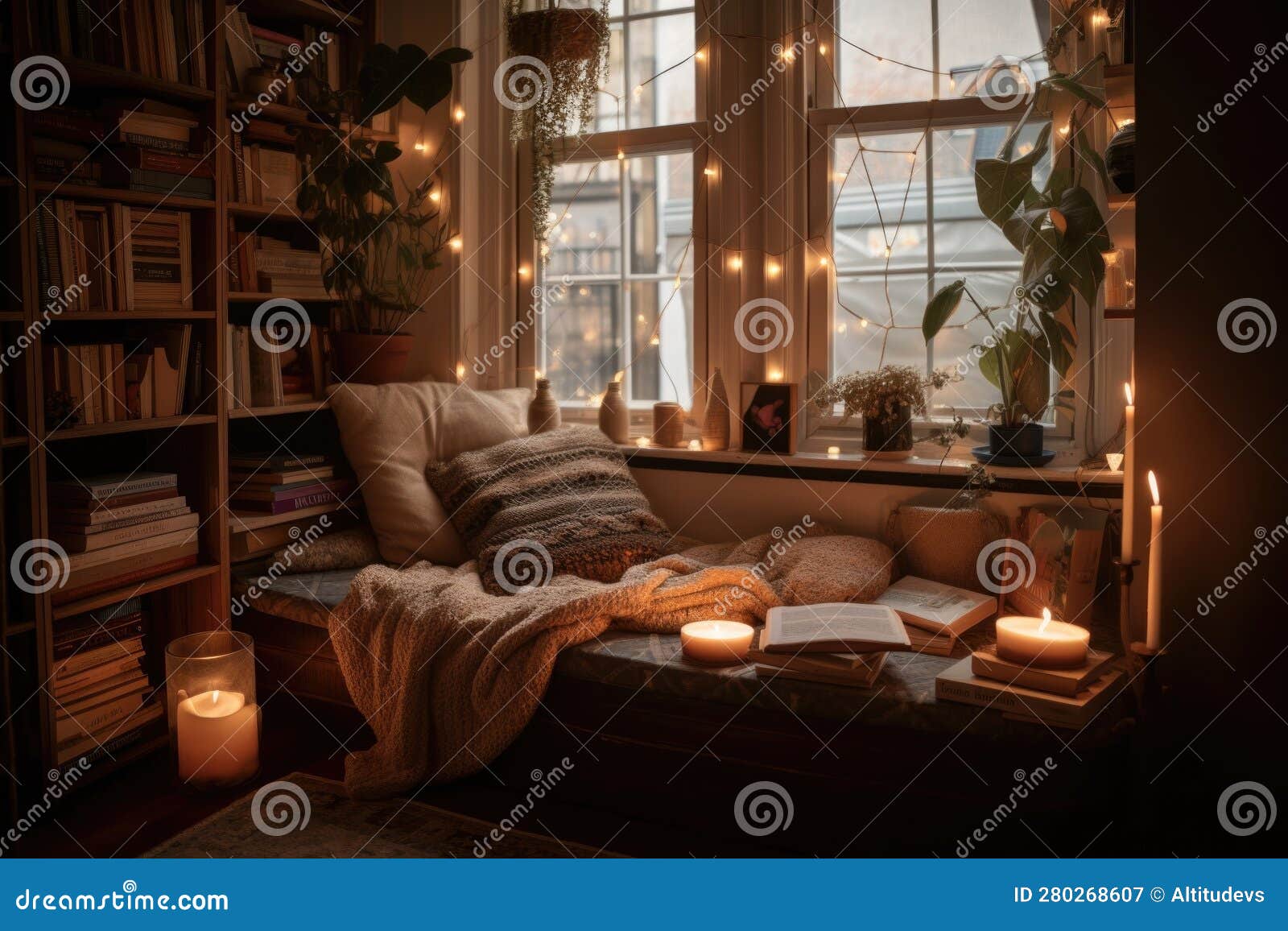 Cozy Reading Nook Filled with Candles, Books, and Blankets Stock ...