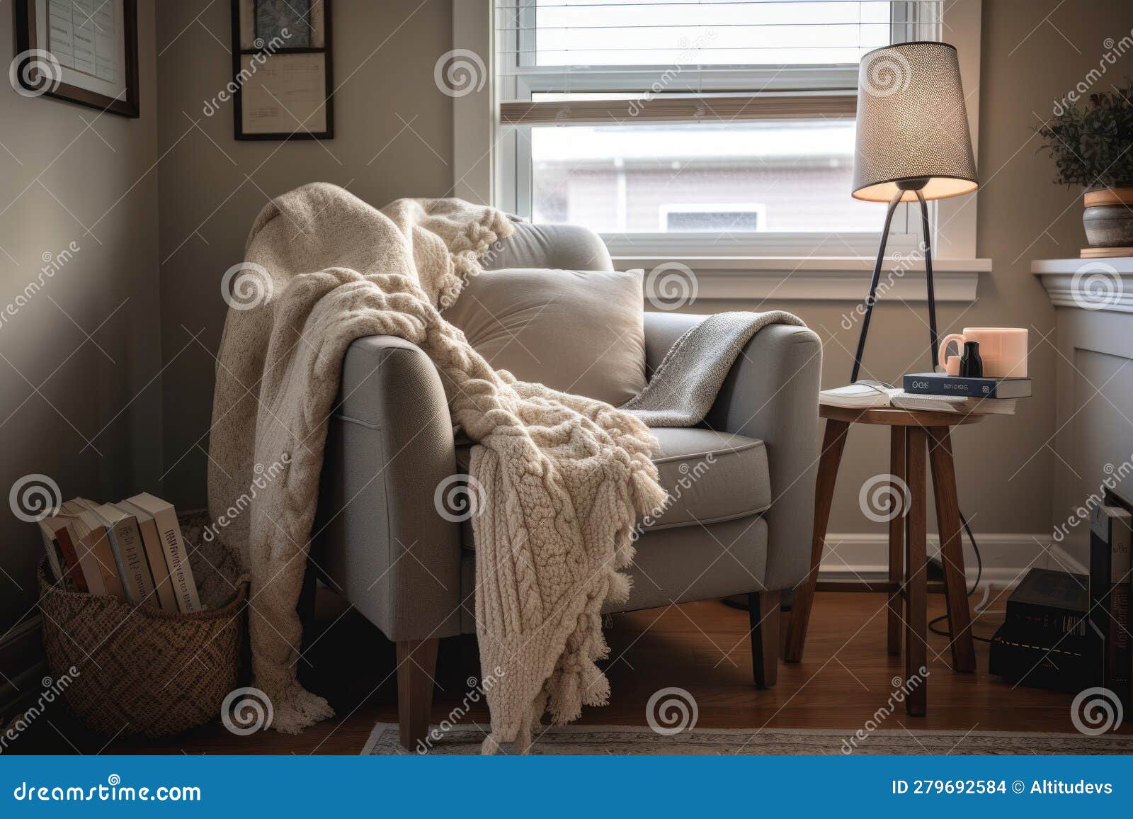 Cozy Reading Nook with Floor Lamp, Cozy Blanket, and Stack of Books on ...