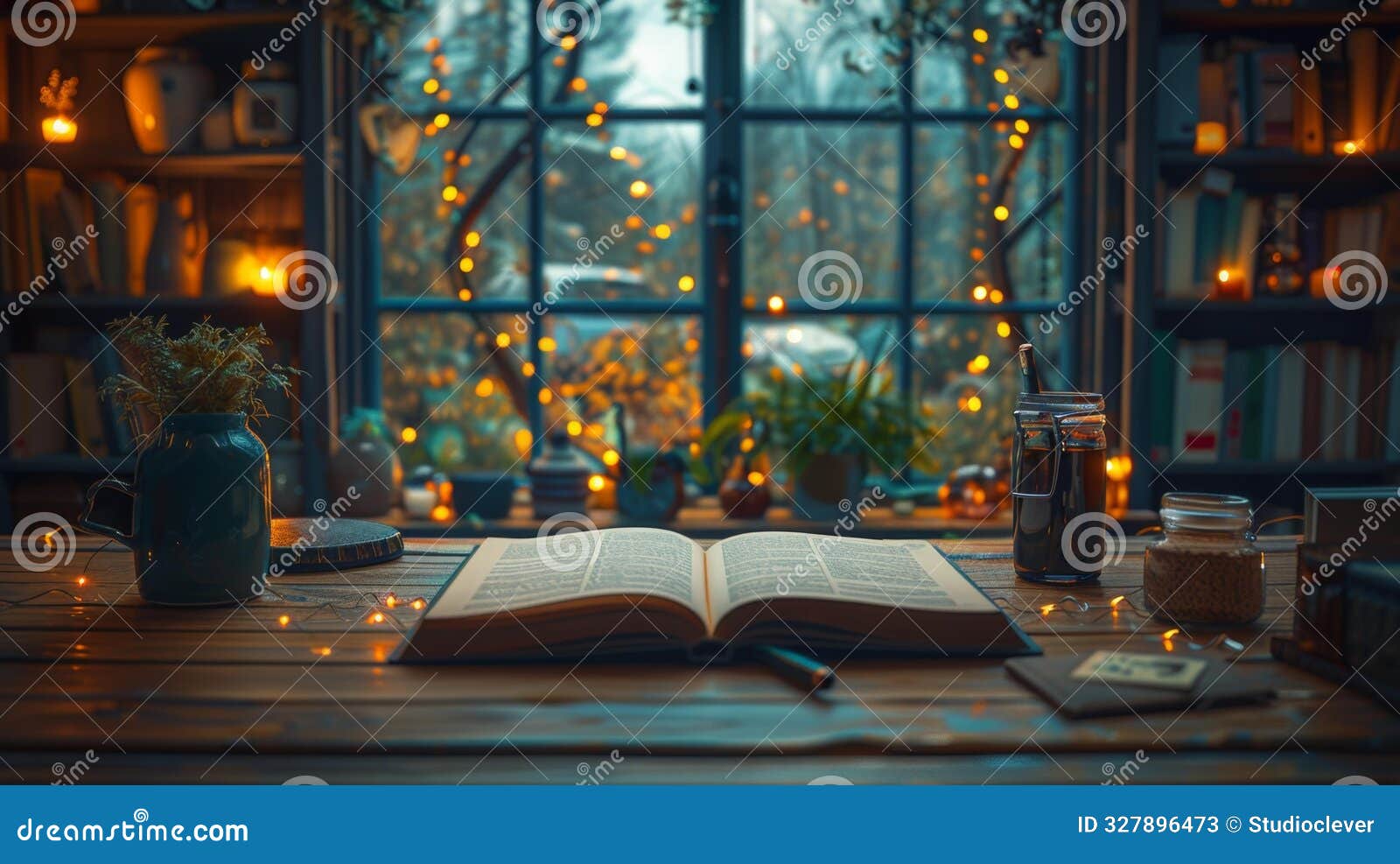 Cozy Reading Nook with Open Book and String Lights - Generative Ai ...