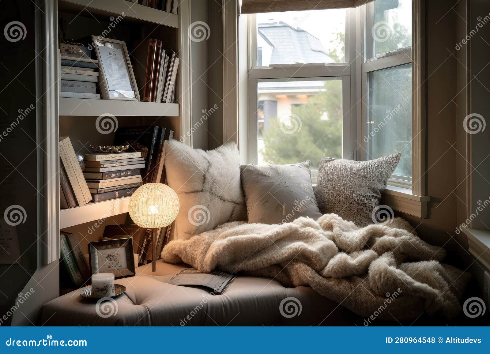 Cozy Reading Nook with Plush Pillows and a Stack of Books Stock Photo ...