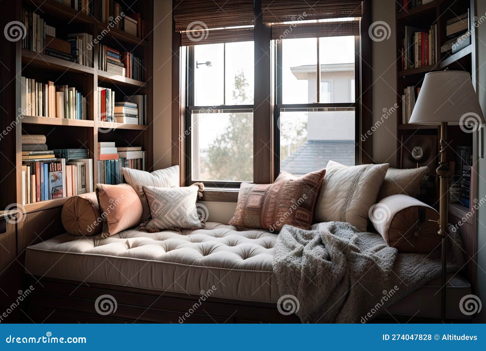 Cozy Reading Nook with Plush Pillows and a Stack of Books Stock Photo ...