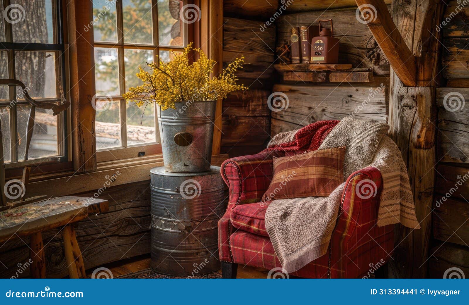 A Cozy Reading Nook in a Rustic Cabin Stock Image - Image of retro ...
