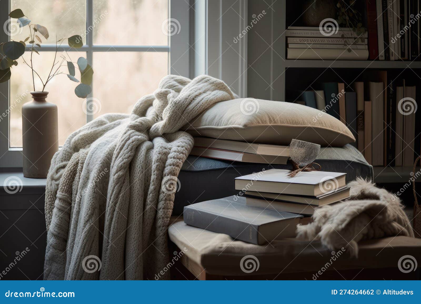 Cozy Reading Nook with Soft Blankets and a Stack of Books Stock ...