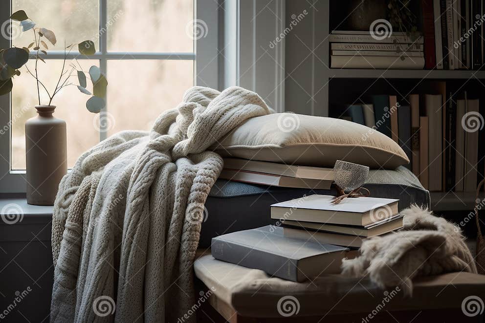 Cozy Reading Nook with Soft Blankets and a Stack of Books Stock ...