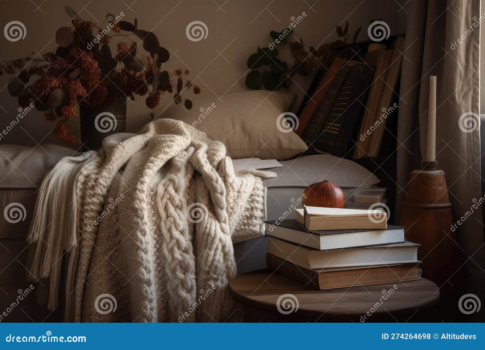 Cozy Reading Nook, with Soft Blankets and a Stack of Books Stock ...