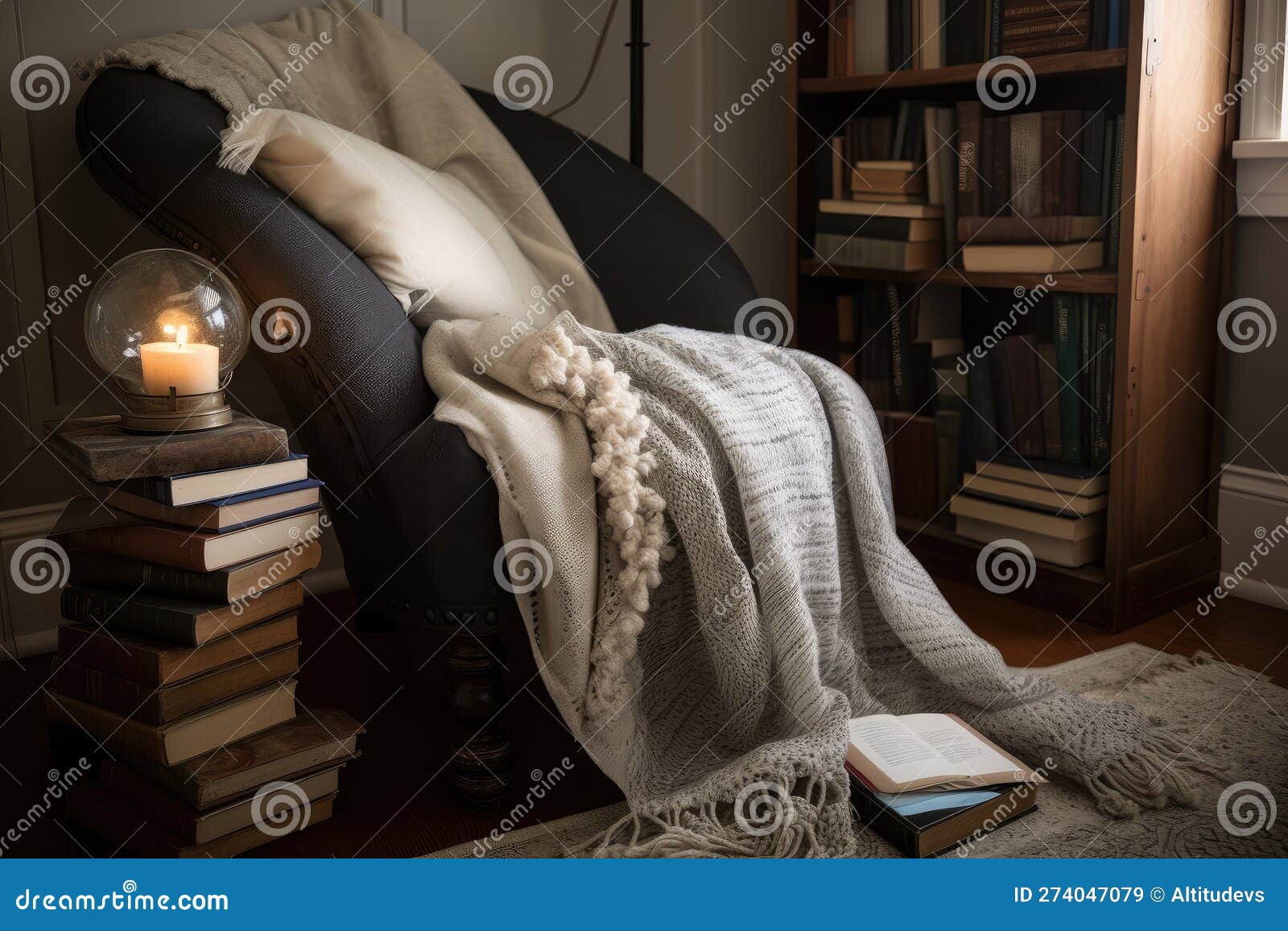Cozy Reading Nook, with Stack of Books and Cozy Throw Stock ...