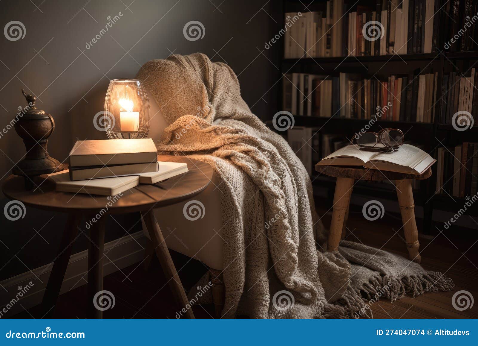 Cozy Reading Nook, with Stack of Books and Cozy Throw Stock Photo ...