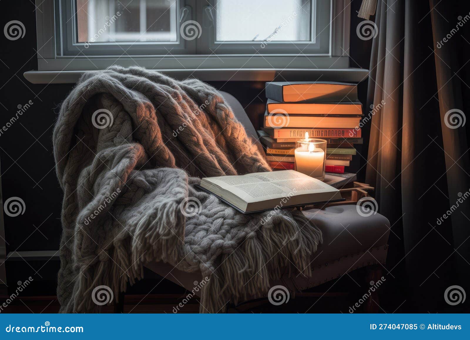 Cozy Reading Nook, with Stack of Books and Cozy Throw Stock Image ...