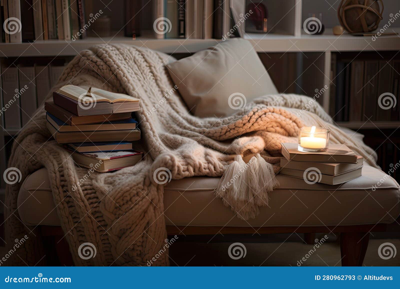 Cozy Reading Nook, with Stack of Books and Cozy Throw Stock Image ...