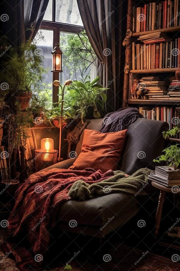 A Cozy Reading Nook with a Stack of Books Stock Illustration ...