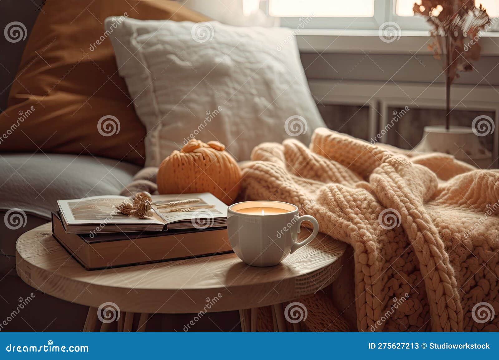 Cozy Reading Nook with Stack of Books and Warm Tea Stock Illustration ...