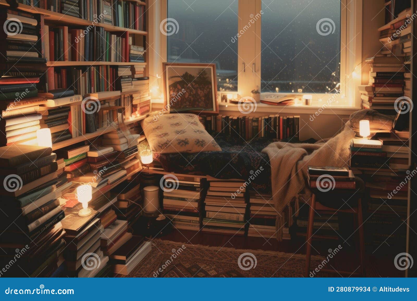 Cozy Reading Nook Surrounded by Stacks of Books, with a Cup of Hot Tea ...