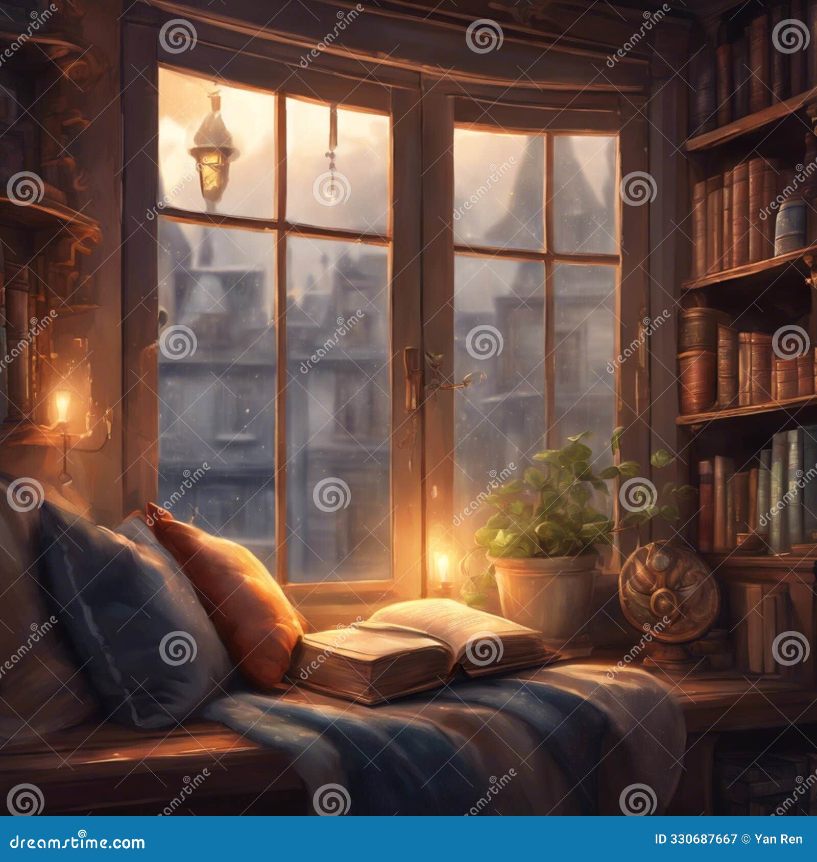 Cozy Reading Nook by the Window with Books and Lantern Stock Image ...