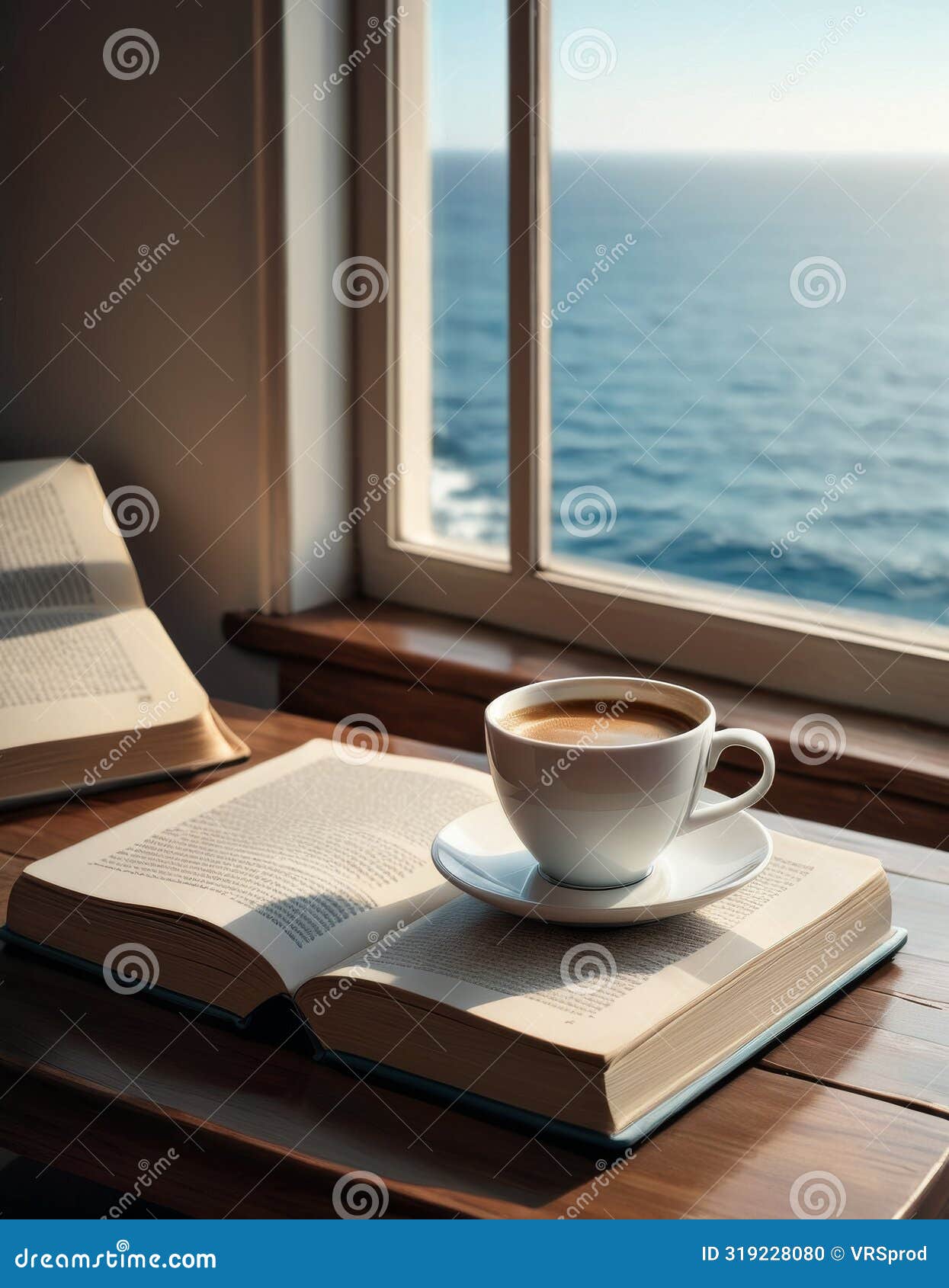 Coffee and Open Book by the Sea Window View Stock Photo - Image of book ...