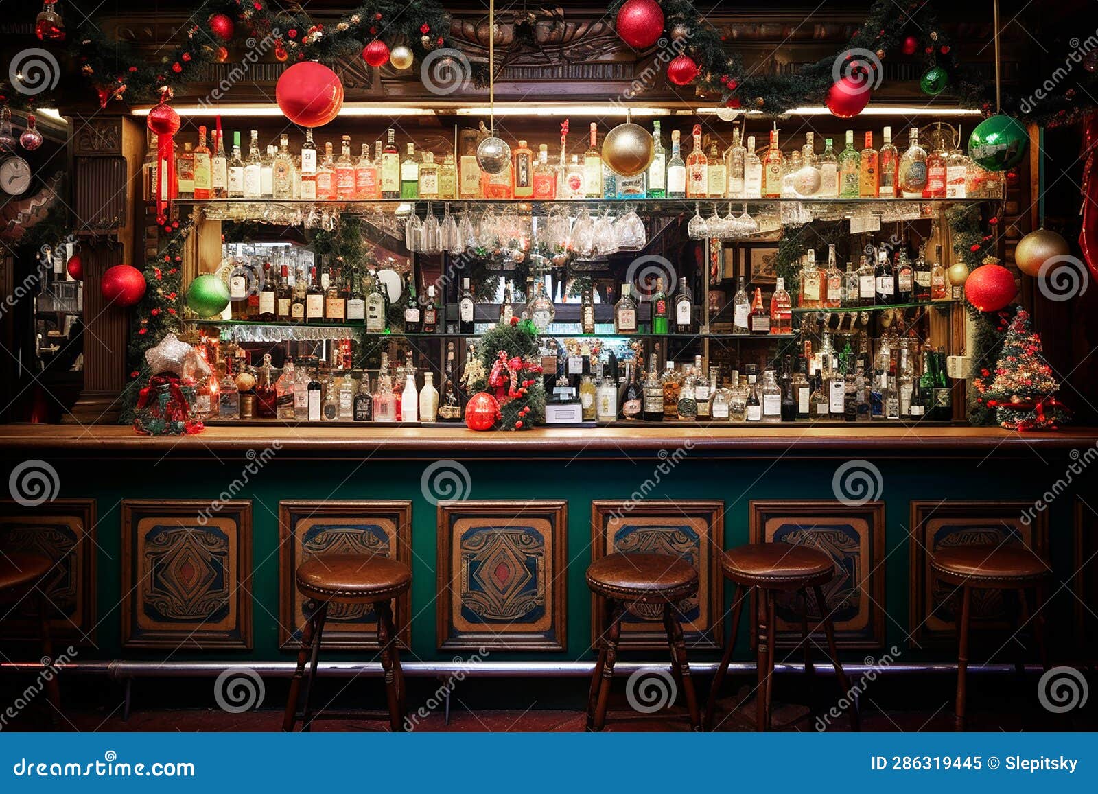 Cozy Retro Bar Decorated for Christmas Stock Image - Image of city ...