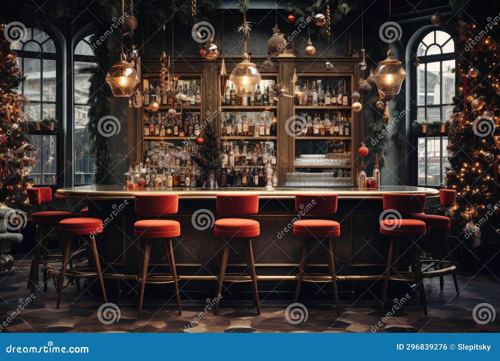 Cozy Retro Bar Decorated for Christmas Stock Photo - Image of christmas ...