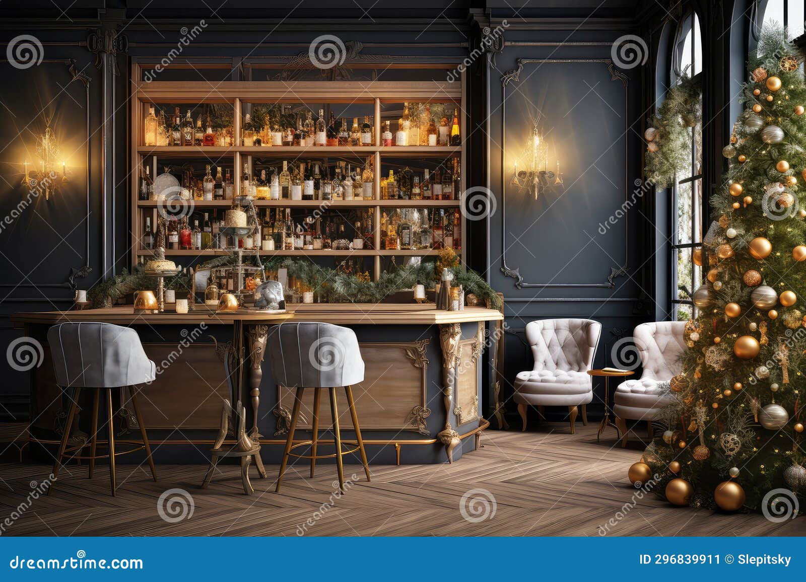 Cozy Retro Bar Decorated for Christmas Stock Image - Image of design ...