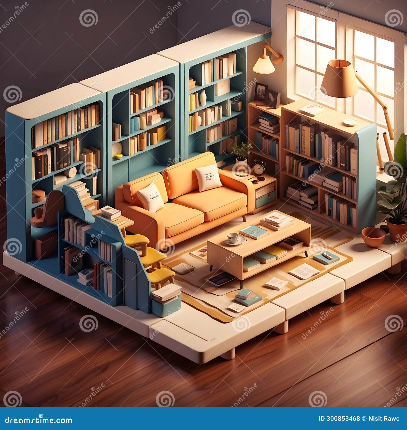 Cozy Retro Library with Cutaway Isometric Low Poly Art 3d Style Stock ...