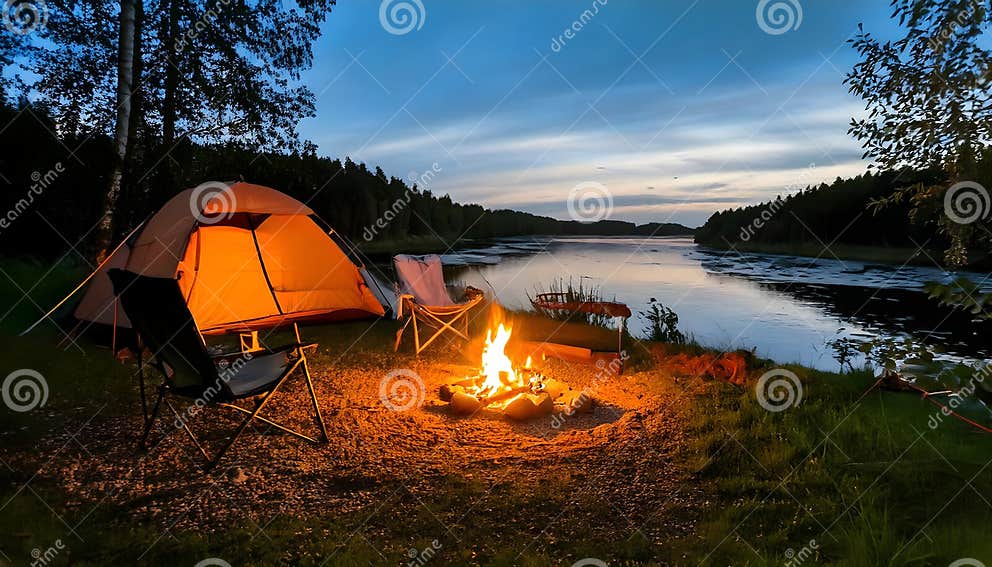 Cozy Riverside Camping Setup with a Warm Fire and Comfortable Seating ...