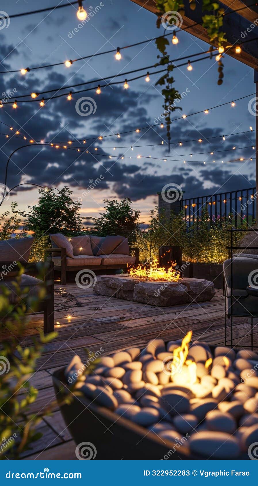Cozy Rooftop Patio with String Lights and Fire Pit at Dusk, Outdoor ...