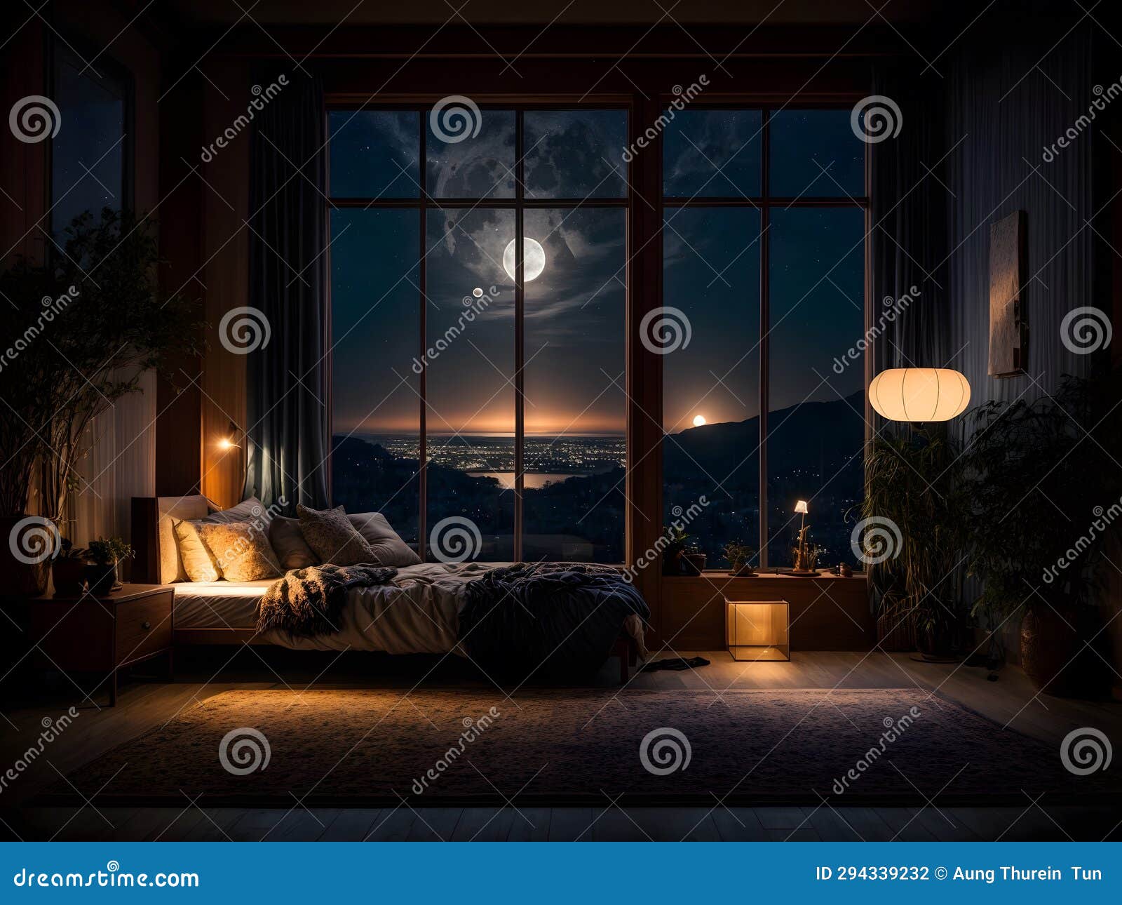 A Cozy Room with a Nice View at Night Stock Photo - Image of midnight ...