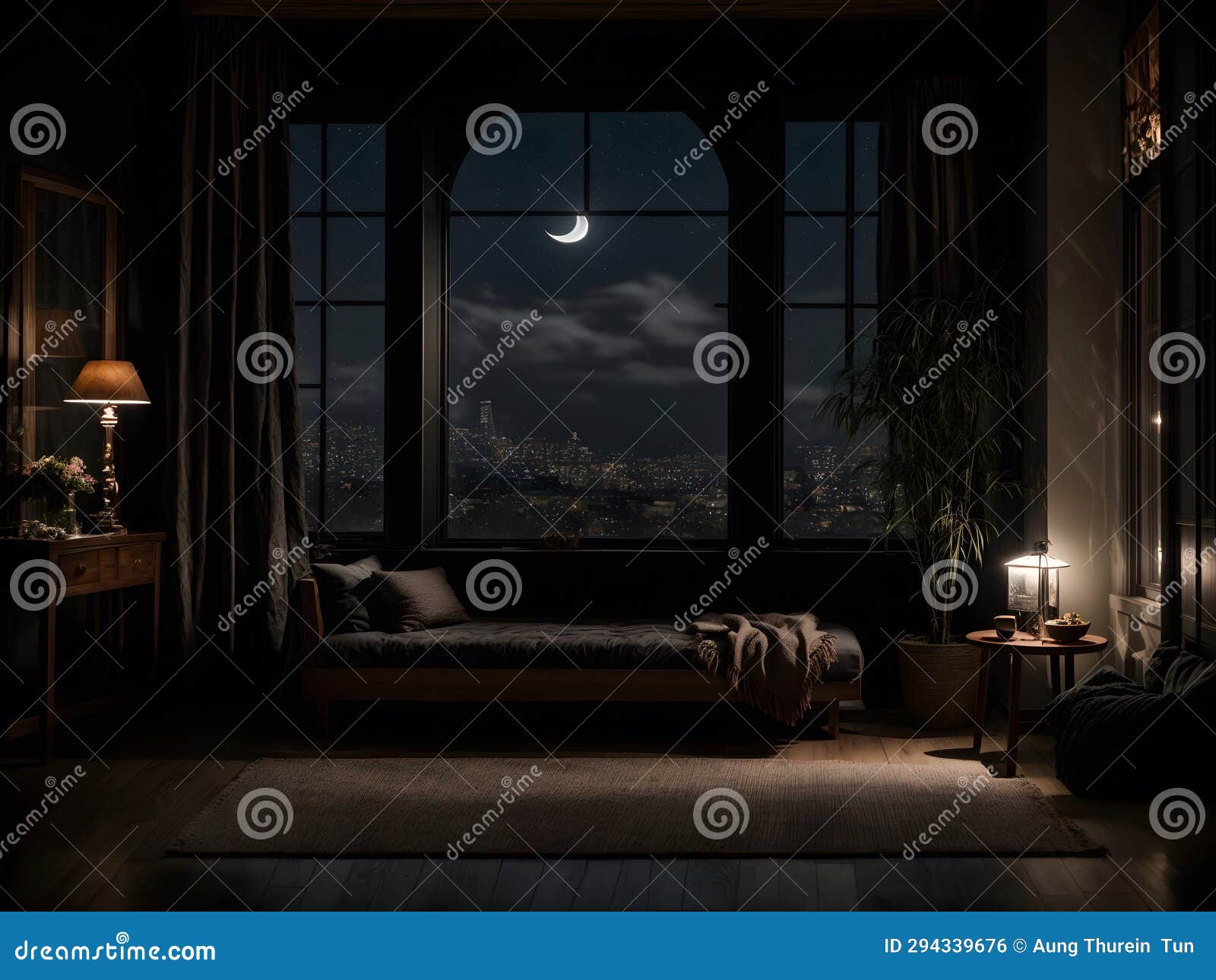 A Cozy Room with a Nice View at Night Stock Photo - Image of branches ...