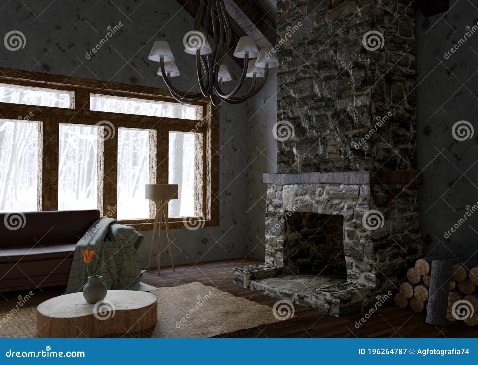 Cozy Rustic Cabin Interior with Fireplace in Winter with Snow Stock ...