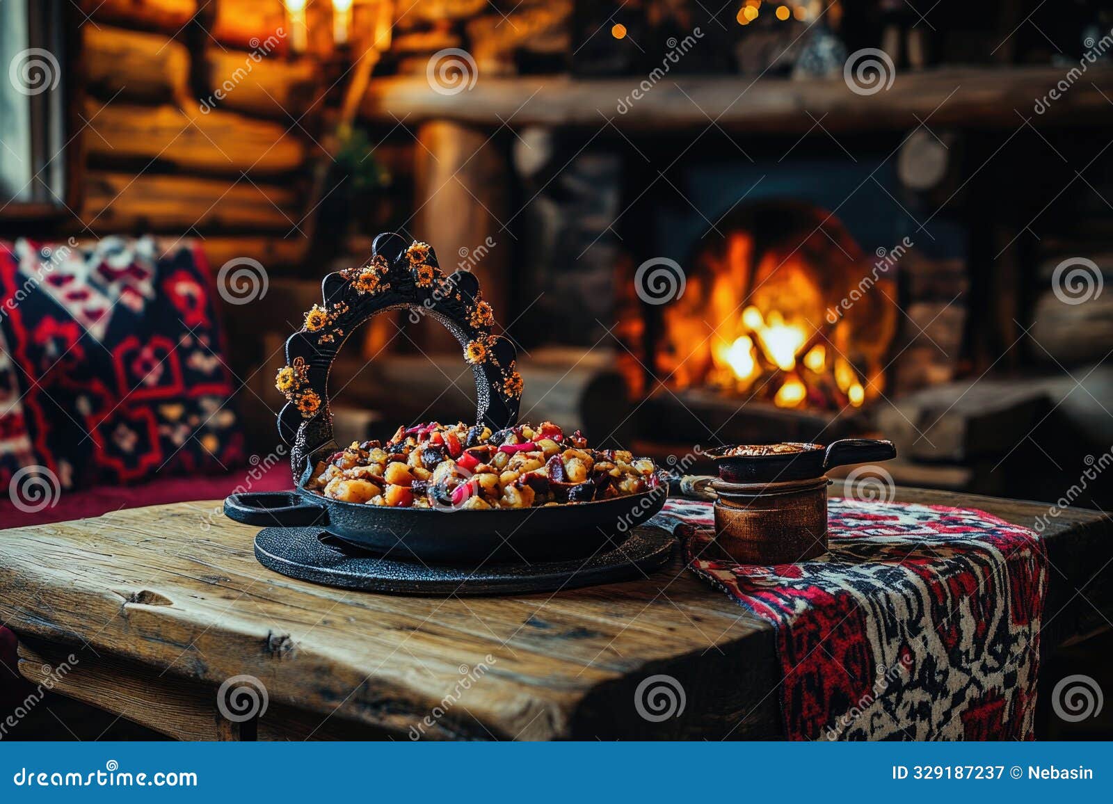 Cozy Rustic Cabin Interior with Fruit Dessert by Fireplace Stock Image ...