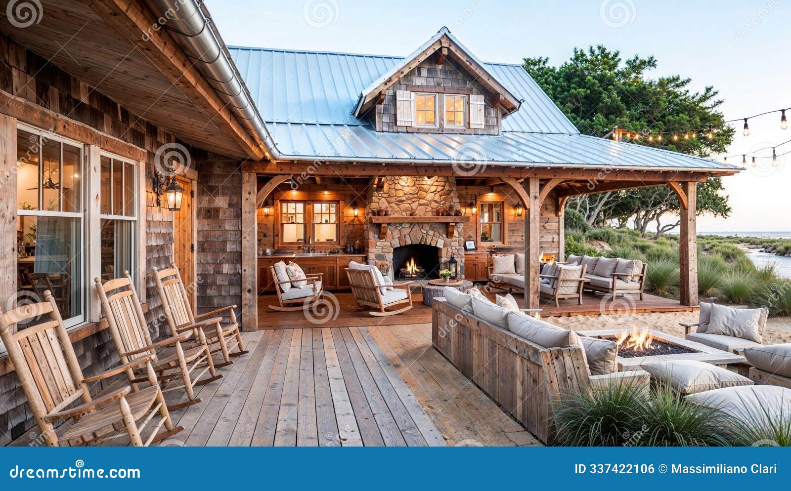 Cozy Rustic Cabin with Outdoor Fireplace and Deck by the Lake Stock ...