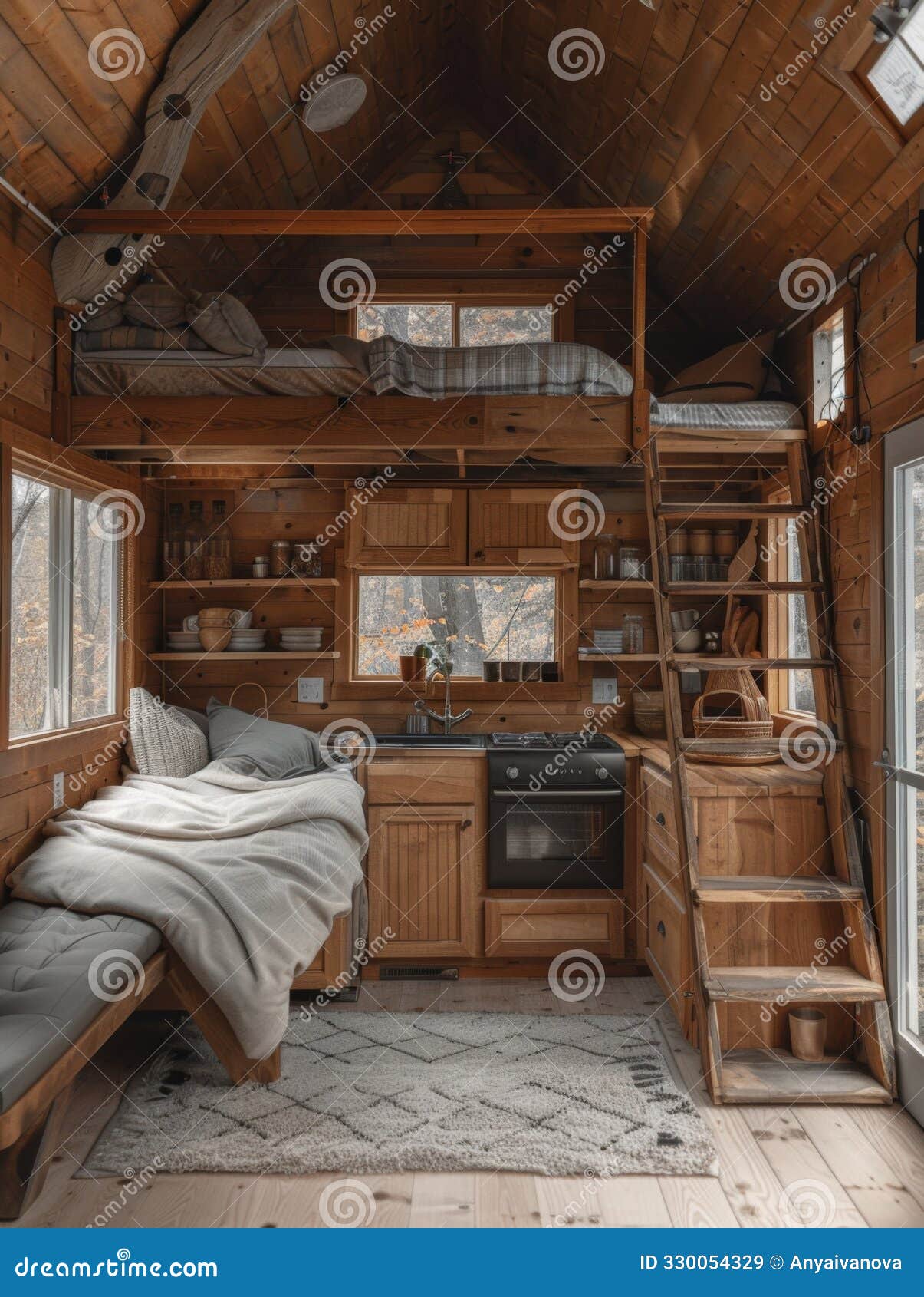Cozy Rustic Interior of a Tiny House Cabin with Loft and Natural Wooden Decor Stock Image ...