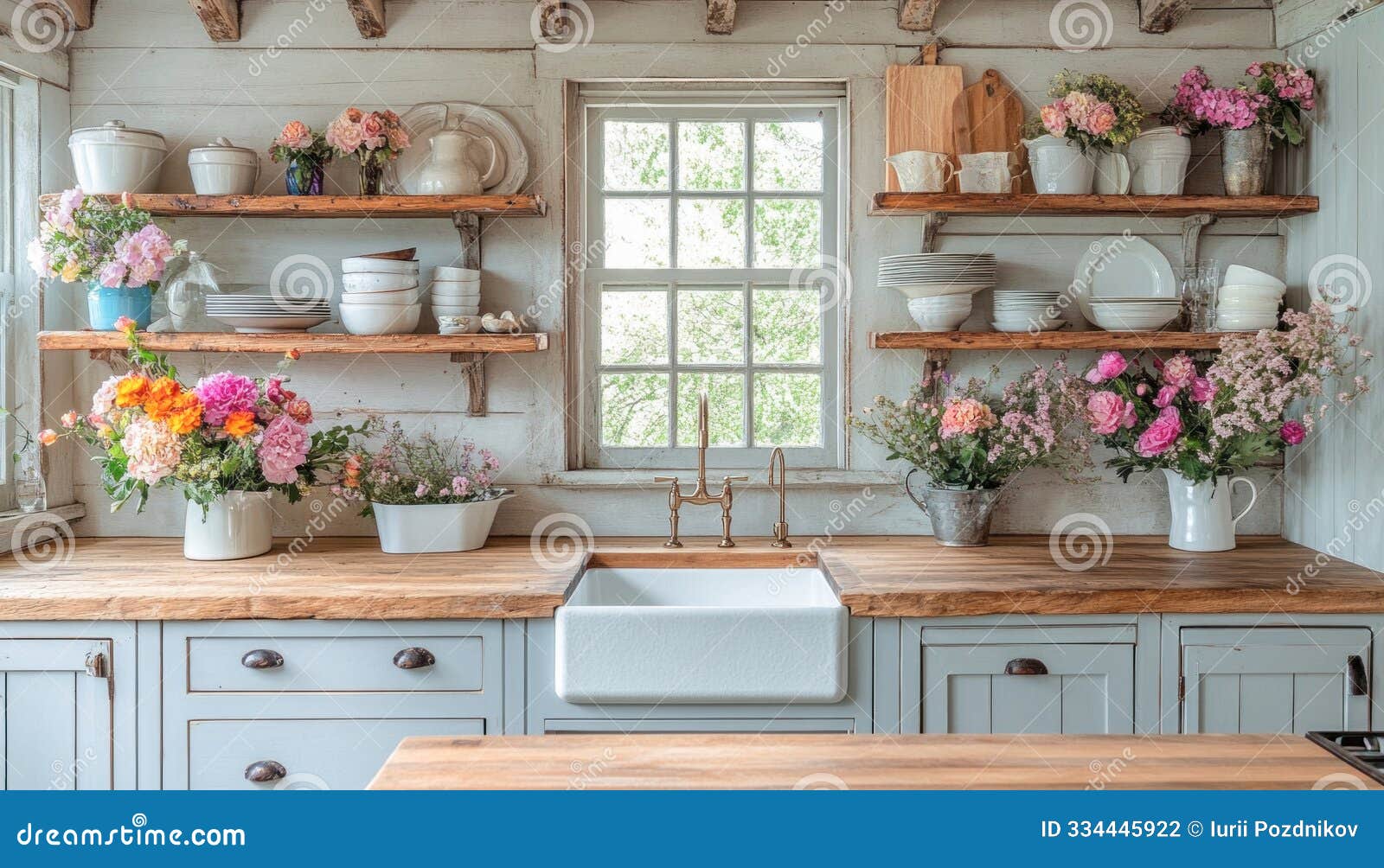 Cozy Rustic Kitchen with Flowers Showing Interior Design Trends Stock ...