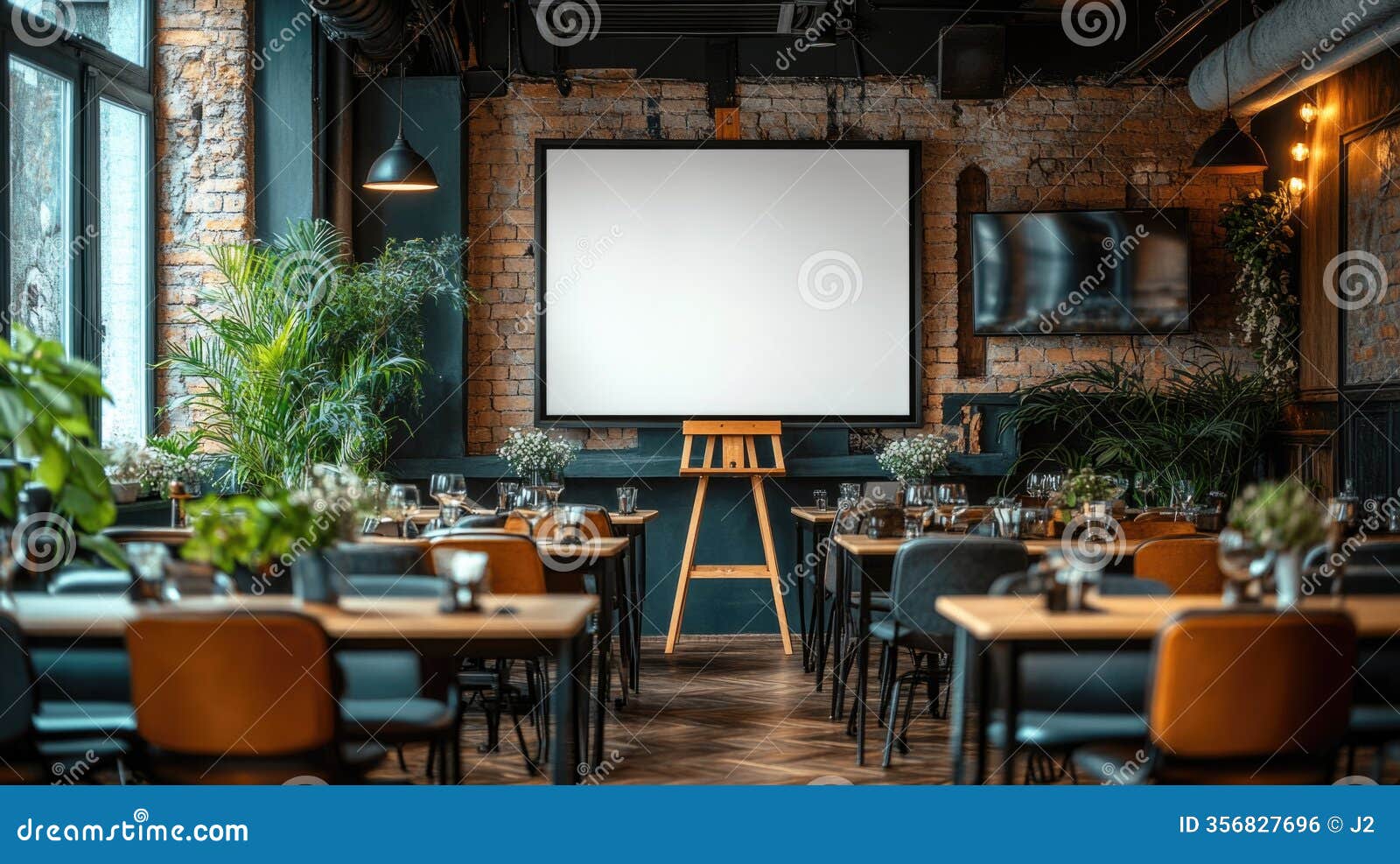 Cozy Rustic Restaurant Interior with Projector Screen and Greenery Stock Photo - Image of modern ...