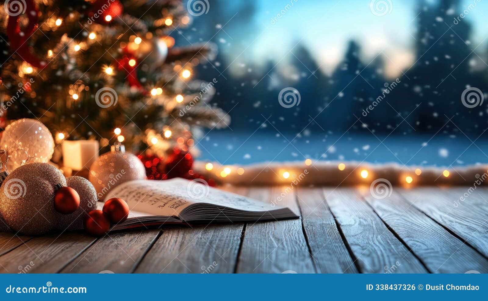 Cozy Scene with Festive Tree and Snow Falling Outside, Creating Warmth ...