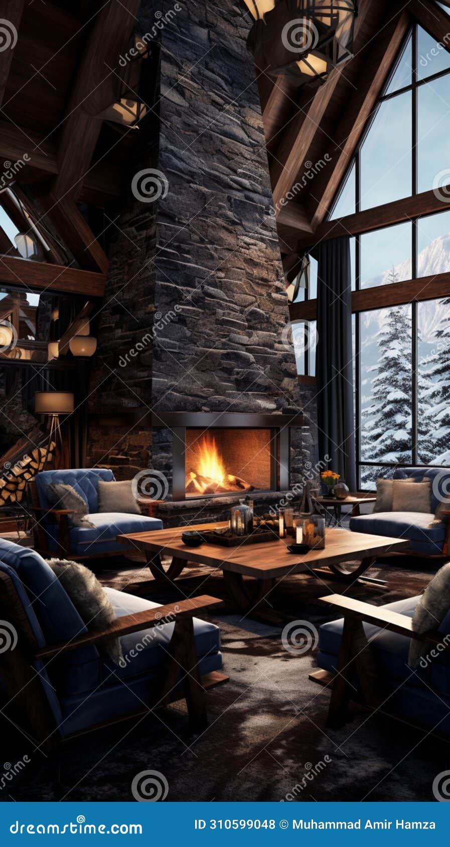 A Cozy Ski Lodge with a 3D Snowy Mountain Wall Pattern Stock ...