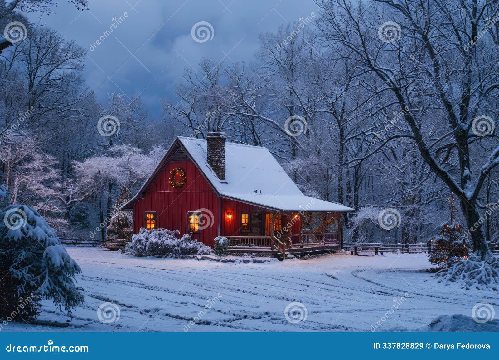 Cozy Snow-covered Cabin with Christmas Lights and Snowfall at Night ...