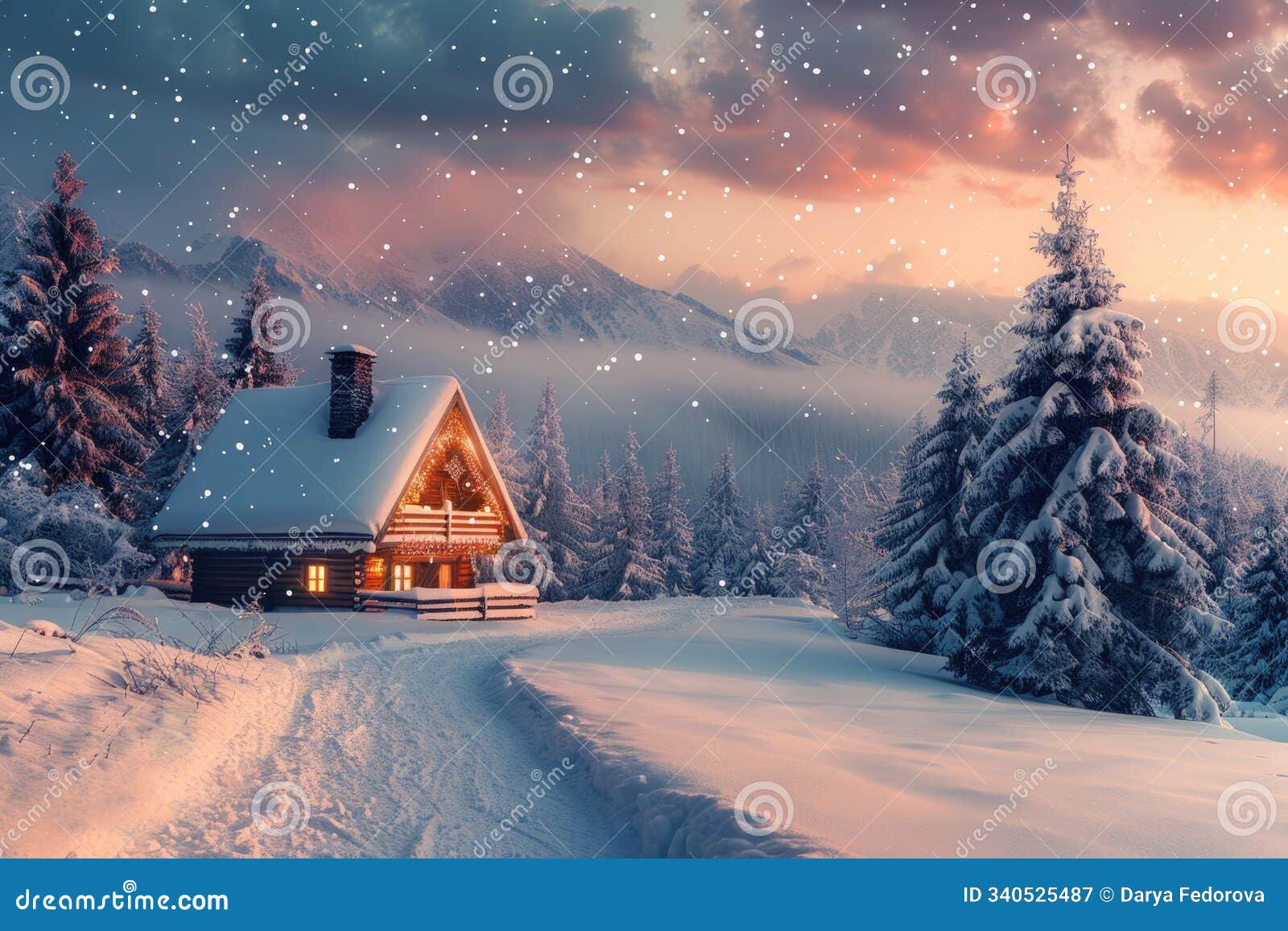 Cozy Snow-covered Cabin with Christmas Lights and Snowfall at Night ...