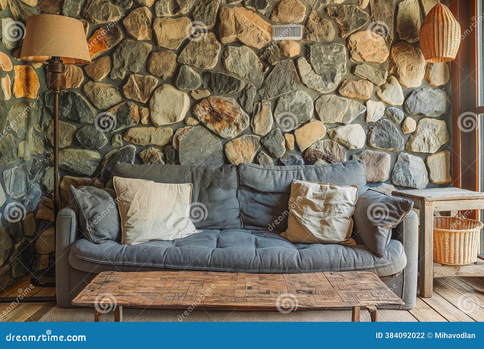 Rustic Lounge With Rattan Armchair And Coffee Table, Parquet Floor ...