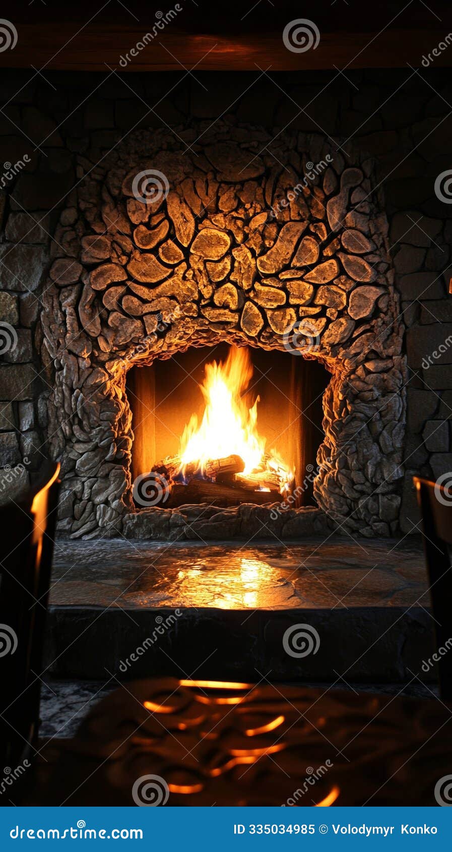 Cozy Stone Fireplace with Burning Logs and Warm Glow, Rustic Interior ...