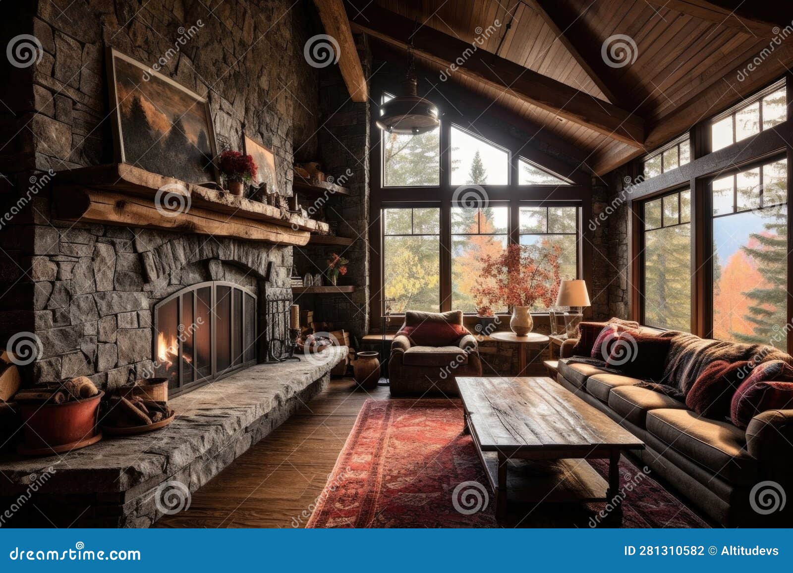 Cozy Stone Fireplace in Rustic Living Room Stock Illustration ...