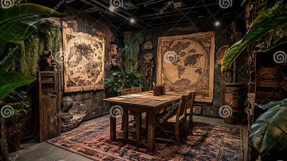 Cozy Study with Maps and Natural Decor Stock Illustration ...