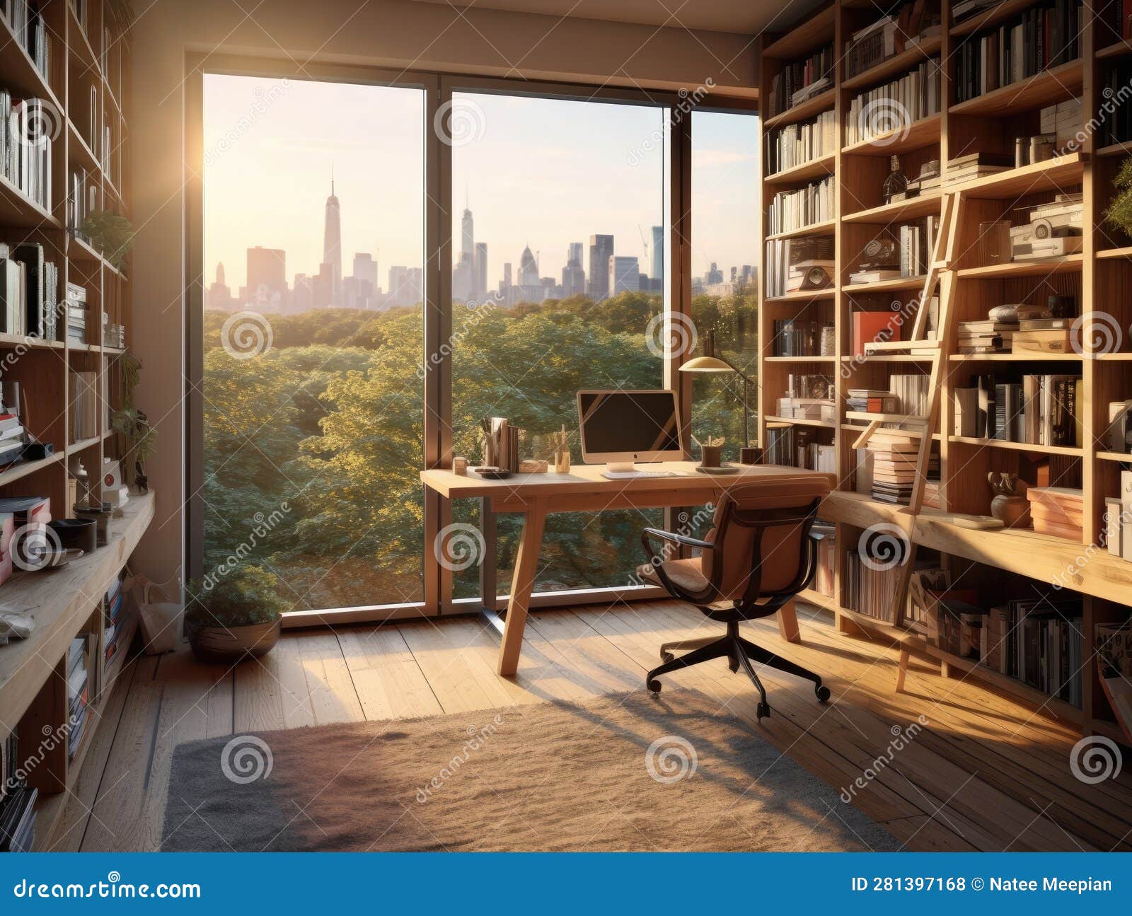 Cozy Study Room Interior with Book Shelves, Sofa and Large Windows ...