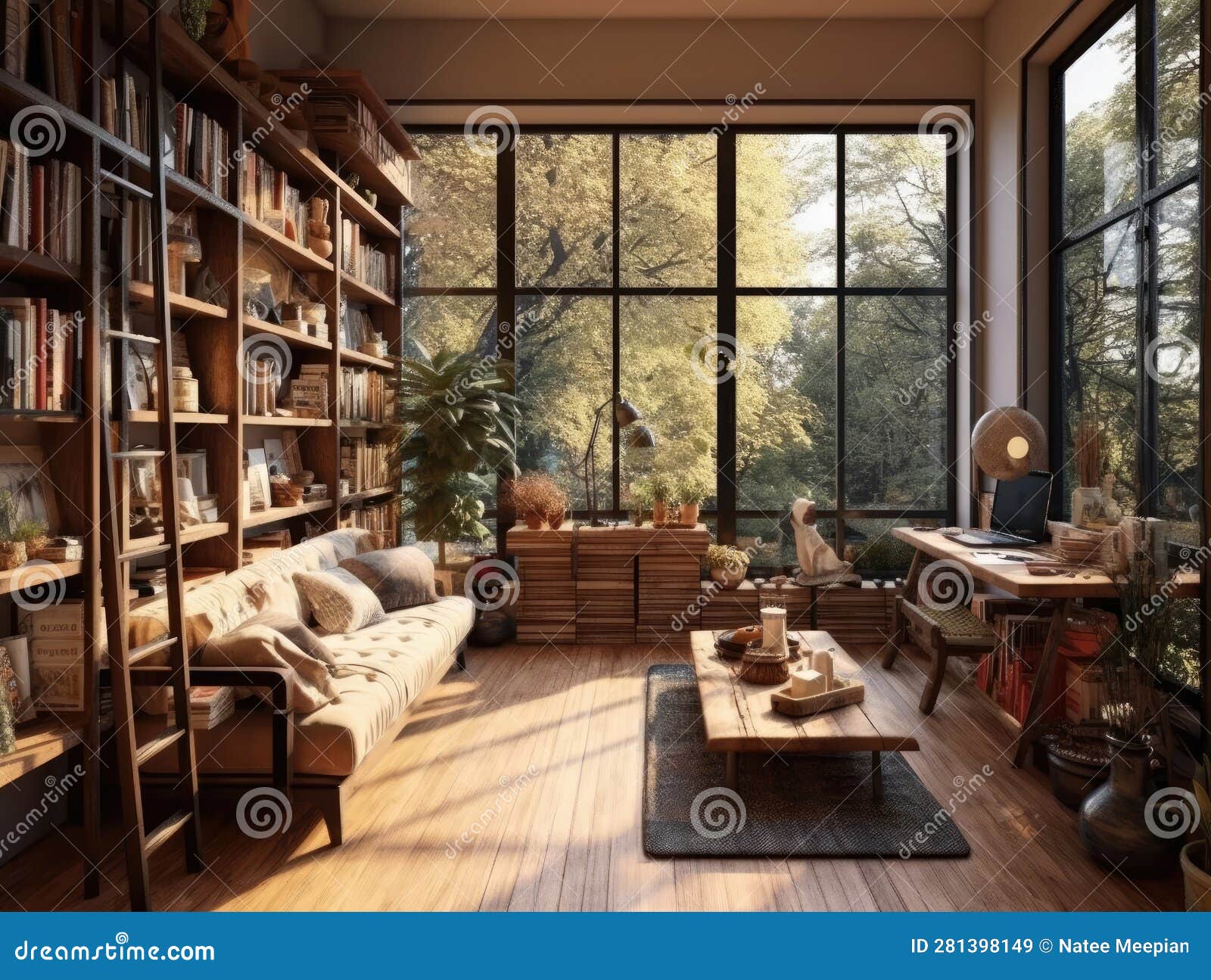 Cozy Study Room Interior with Book Shelves, Sofa and Large Windows ...