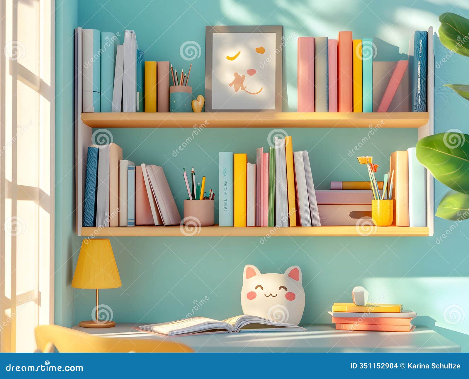 A Cozy Study Space with Colorful Books and Cheerful Decorations ...