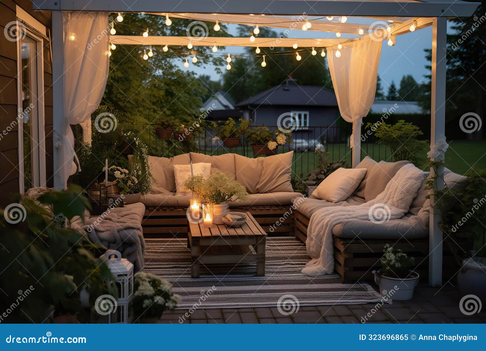 Cozy Summer Patio with Warm Lighting and Comfortable Seating Stock ...