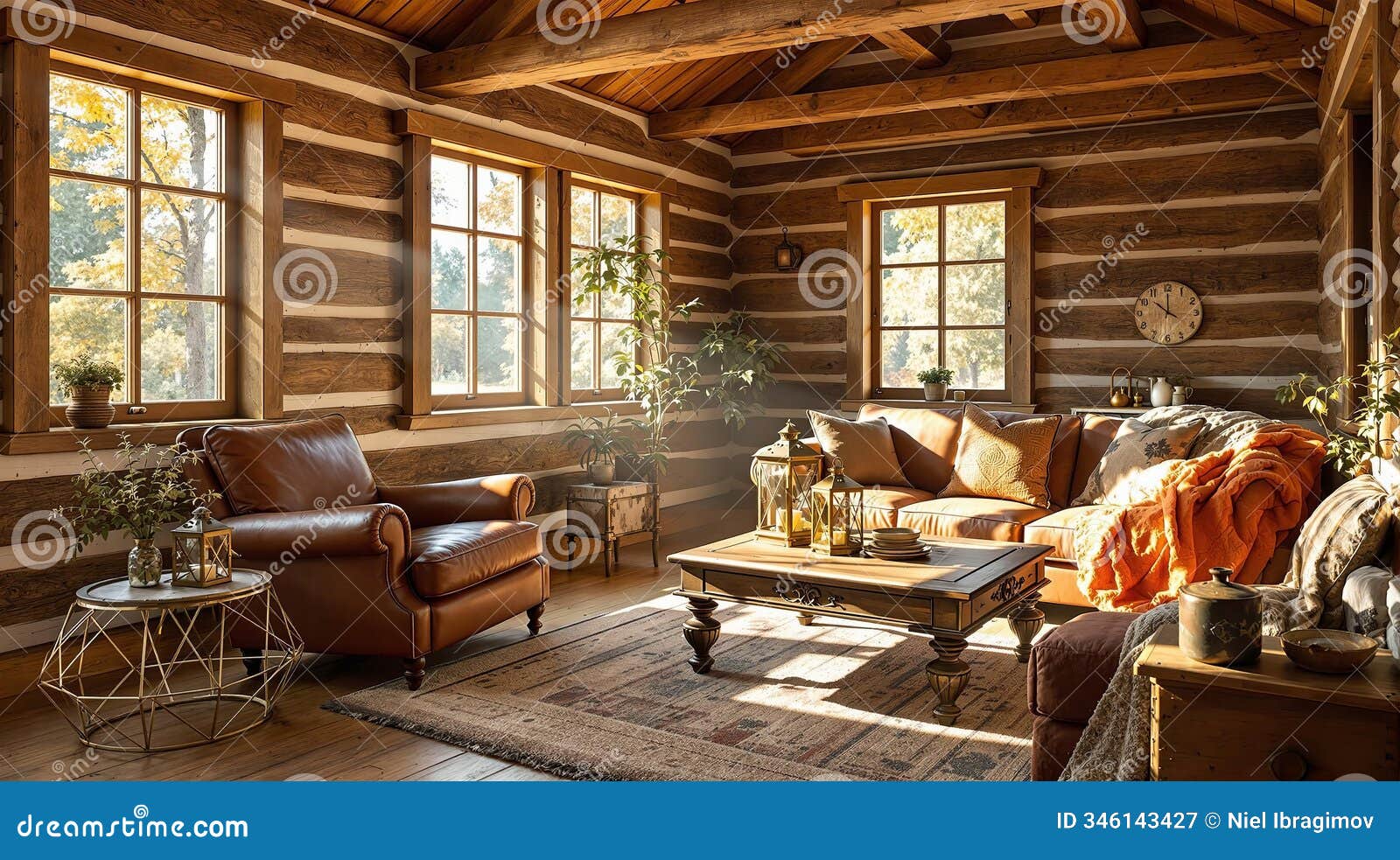 Cozy Sunlit Log Cabin Living Room with Rustic Decor Stock Image - Image ...